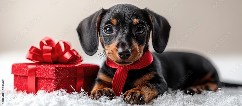 Dachshund puppy wearing red ribbon beside gift box on white background ...