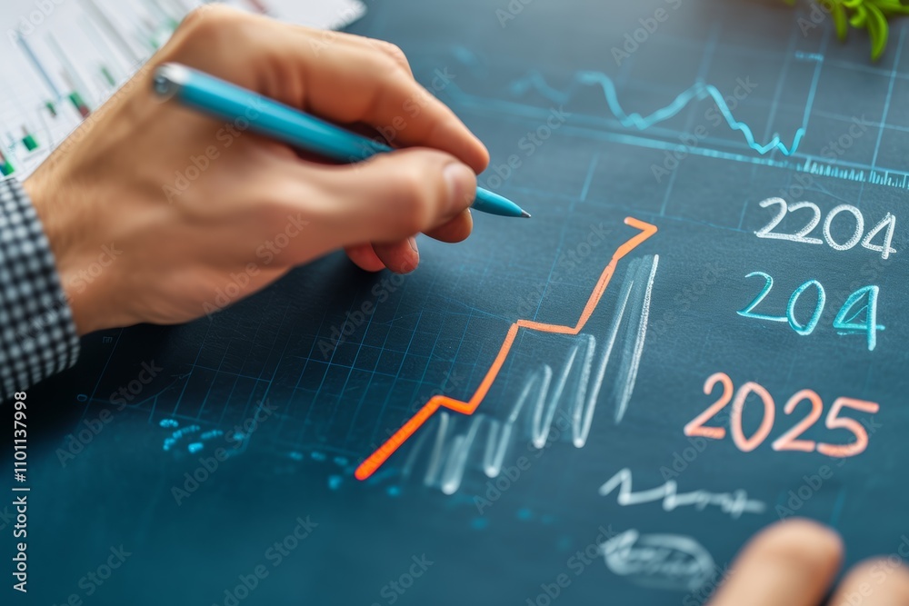 Businessman illustrating growth projections for 2024 to 2025 with an ...