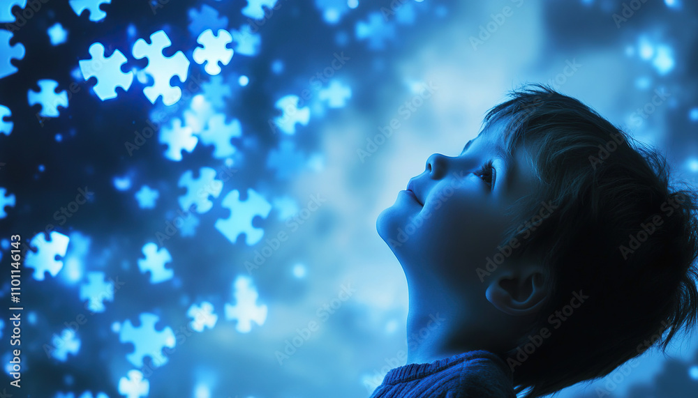 Child looking at a sky filled with blue puzzle pieces for World Autism ...