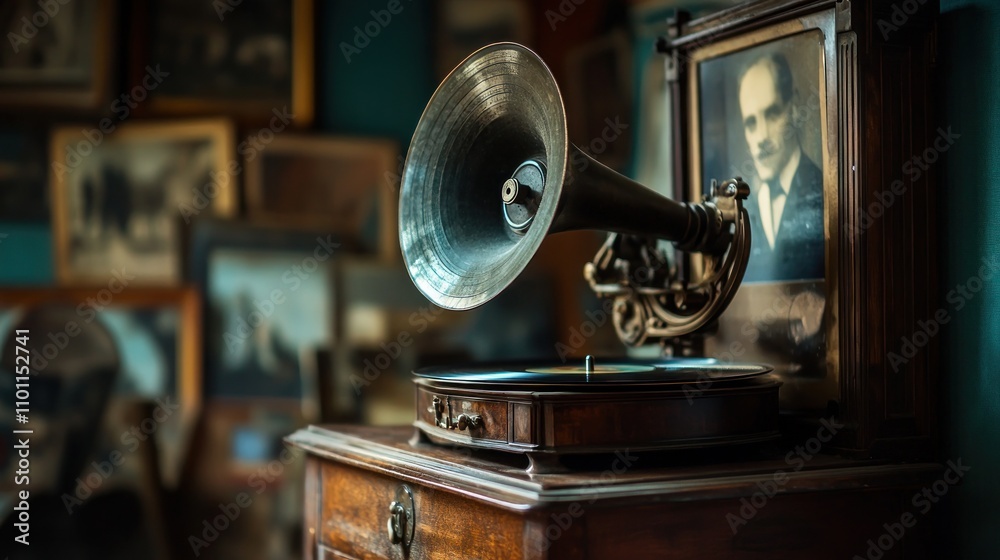 Antique gramophone with horn speaker, sits on wooden cabinet ...