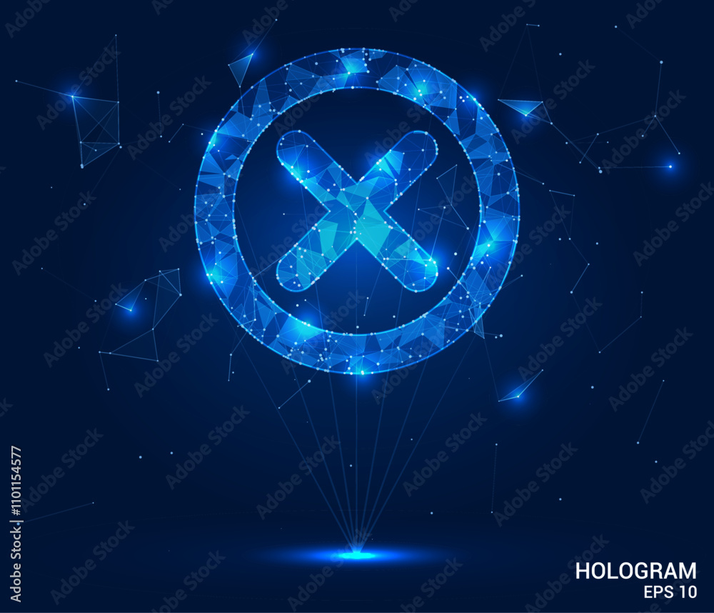 Hologram cross mark. Cross mark made of polygons, triangles, dots, and ...