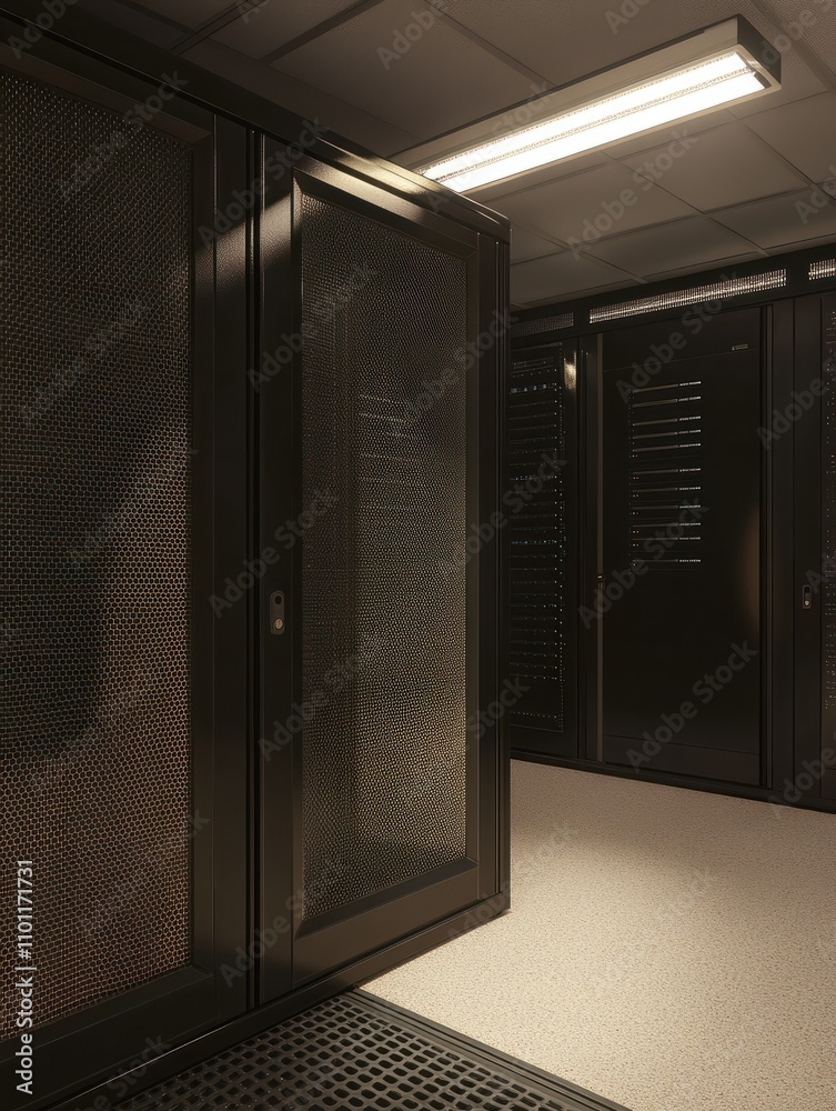 Modern interior of a network server room including racks and cabinets ...