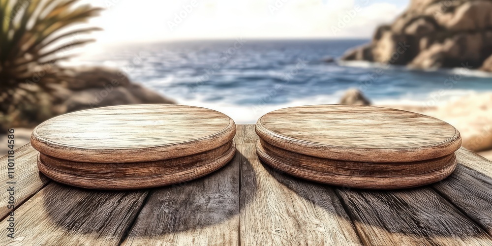 Rustic wood table with beach scene in background. Vacation setting with ...