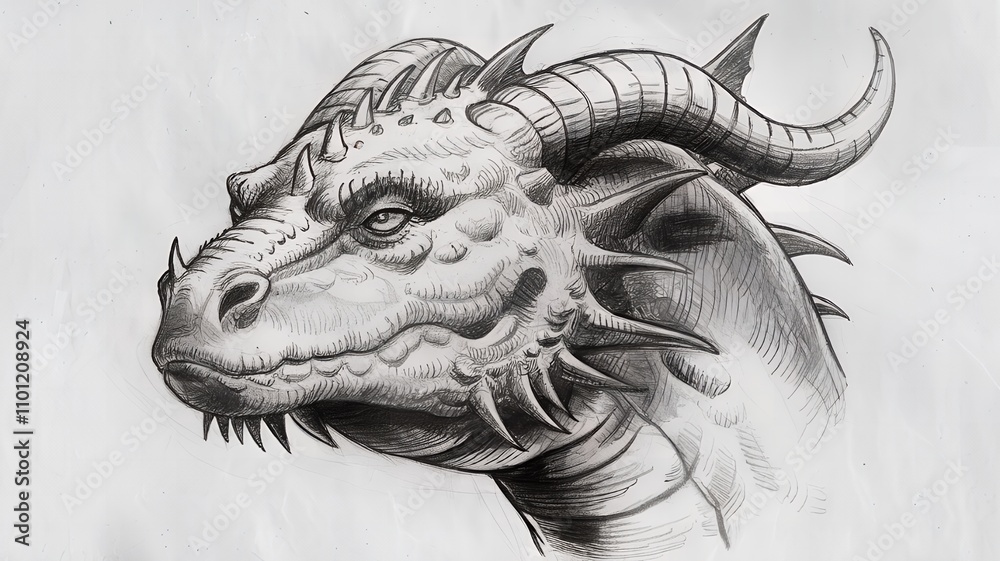 Fotografie, Obraz Majestic Dragon Head Sketch: A Detailed Pencil ...
