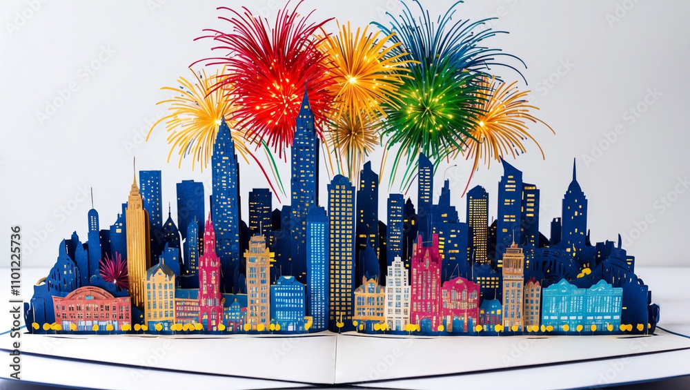 City skyline pop up card for New Year festival celebrations showing a ...