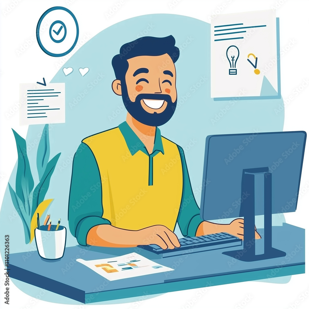 Un técnico de soporte sonriendo mientras ayuda a un cliente a través de ...