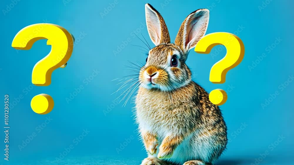 Curious confused rabbit with question marks appearing around its fluffy ...