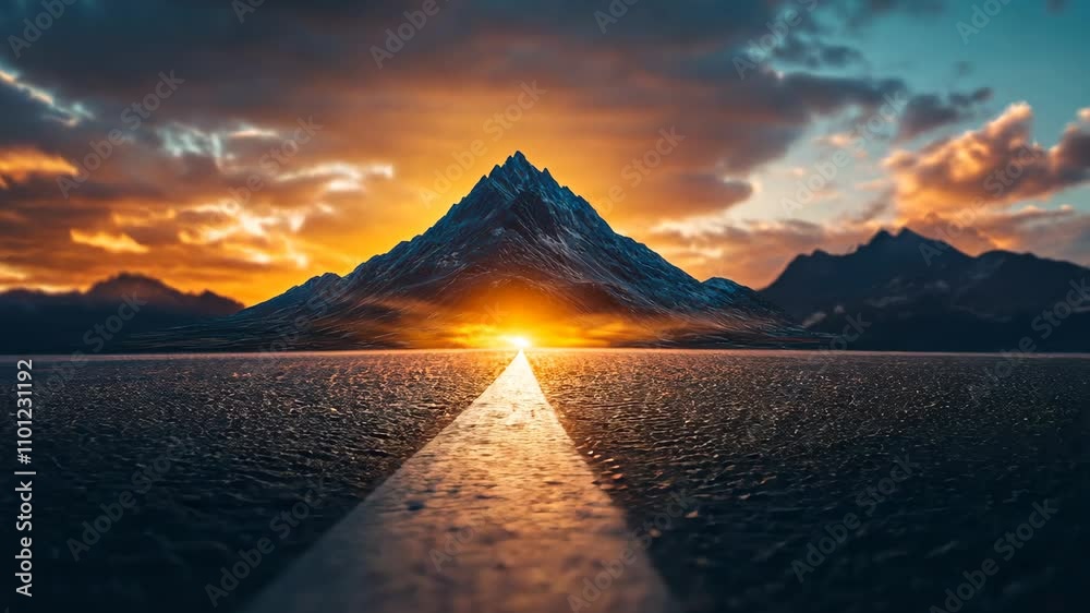 Low angle photography of a mountain outline on the asphalt road, with ...