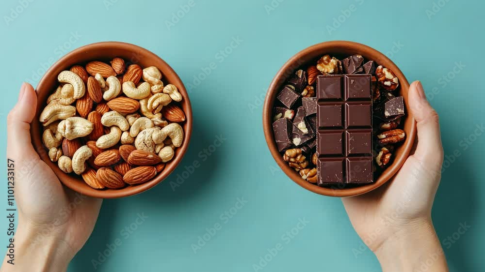 One hand holding a bowl of mixed nuts, the other holding a chocolate ...