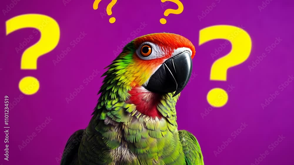 Confused little parrot tilting its head with question marks hovering ...