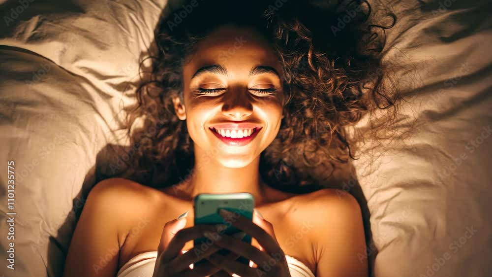 Happy mixed-race woman lying in bed at night, smiling while texting or ...