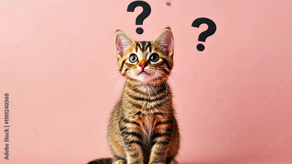 Cute confused little cat sitting with big question marks floating above ...