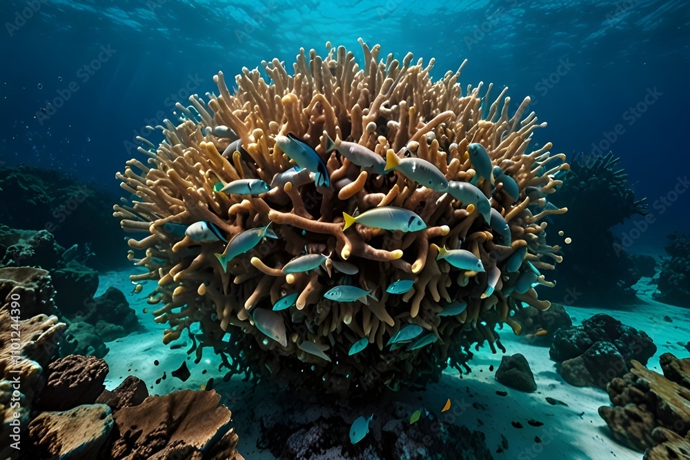 Bait ball in coral reef of Caribbean Sea around Curacao at dive site ...