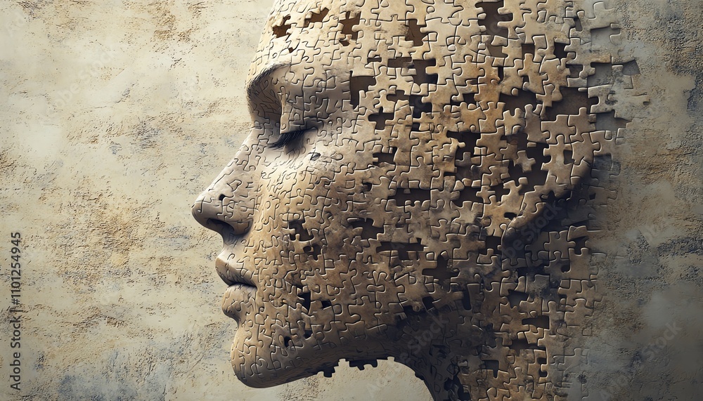 Surreal man s face composed of floating puzzle pieces, with a textured ...