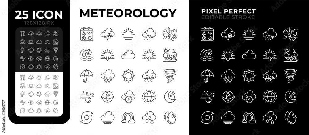 Meteorology linear icons set for dark, light mode. Weather forecast ...