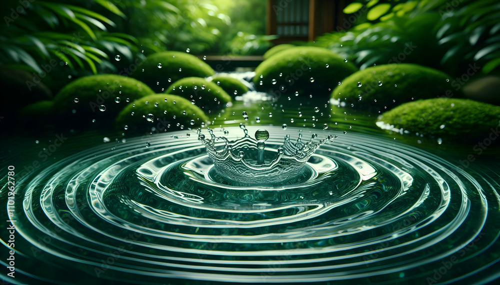 Nature Clear droplets landing softly on a lush green pond, rippling ...