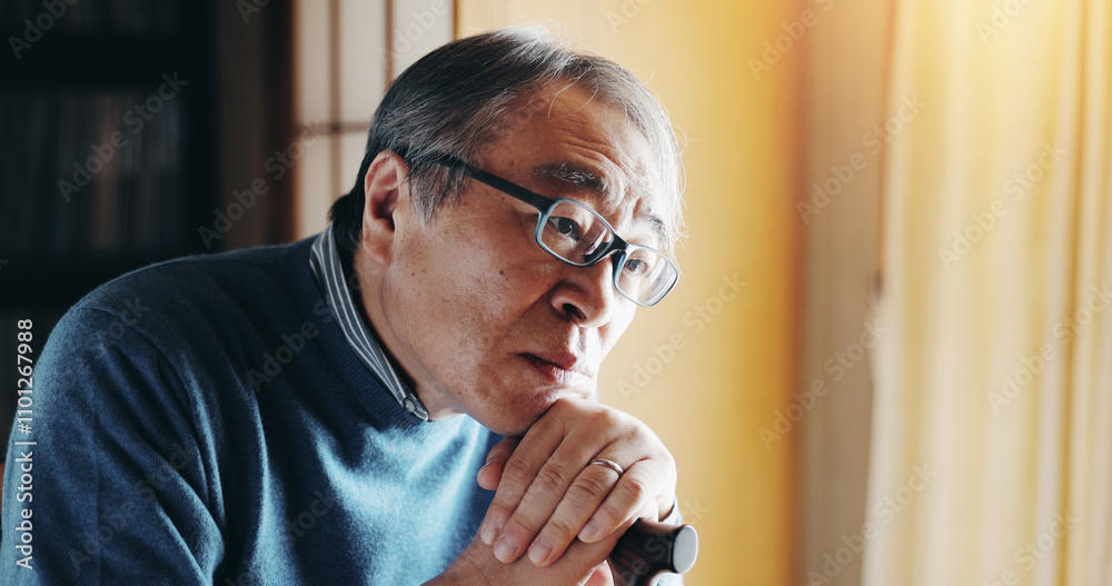 Thinking, senior and japanese man with walking stick and sad memory with struggle to remember ...
