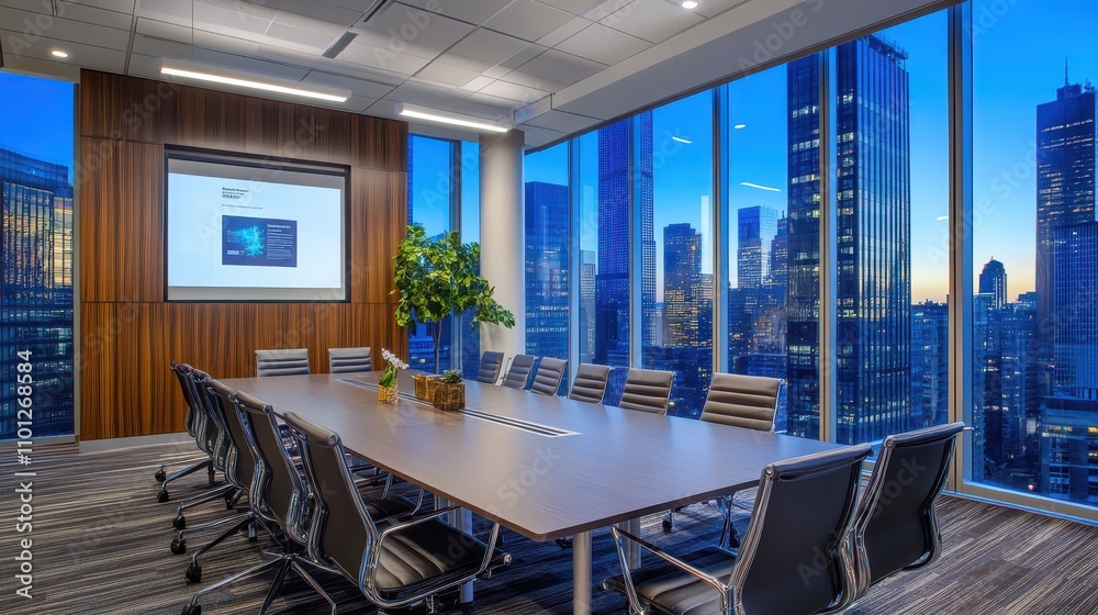 Sophisticated meeting room with panoramic city view: High-end ...