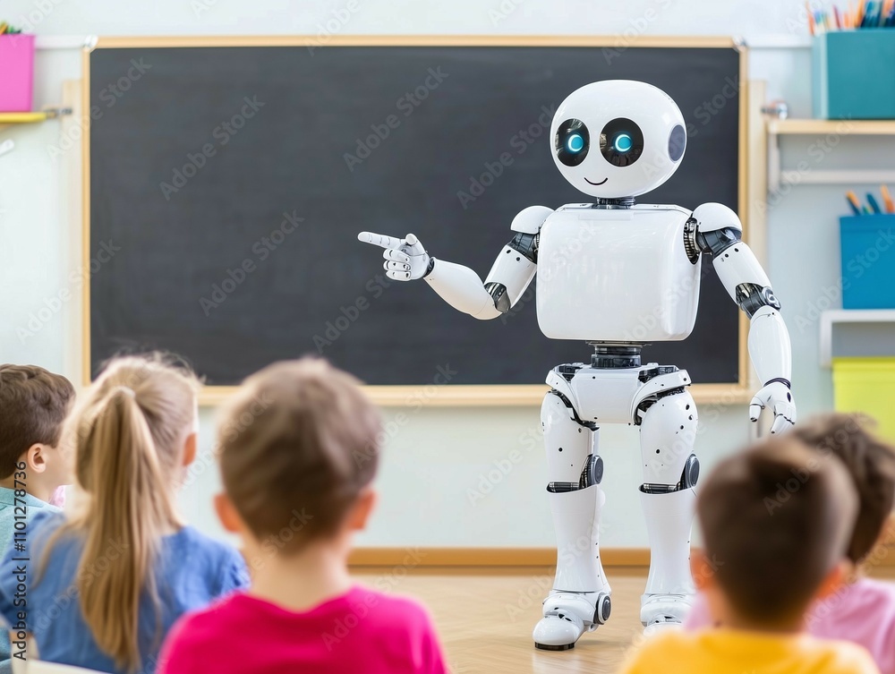 Robot teacher explaining a concept to students in a classroom setting during daytime Stock Photo ...