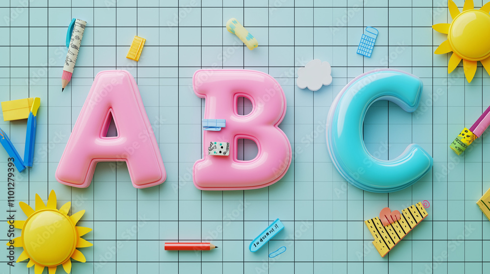 Colorful alphabet block display with sun and clouds in a cheerful room ...