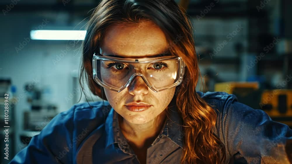 Fair-skinned French woman with brown hair and safety goggles operates a ...