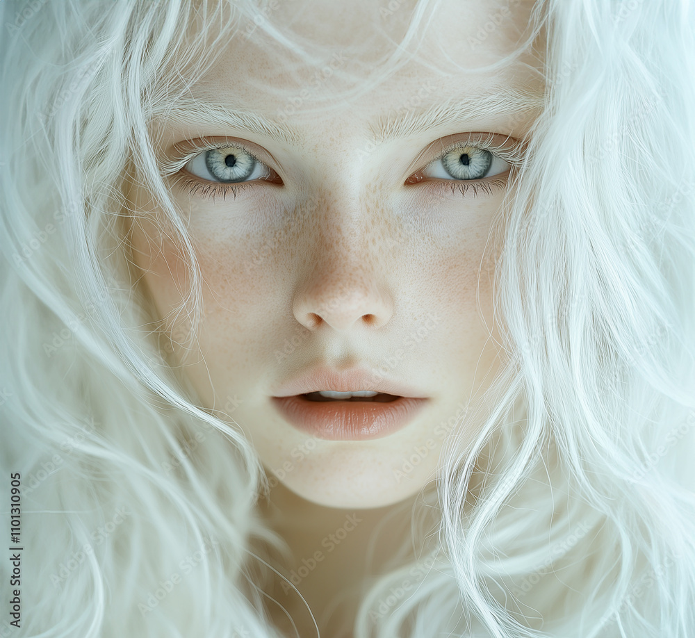 Beautiful albino women face with white hair, blue eyes and pale skin ...