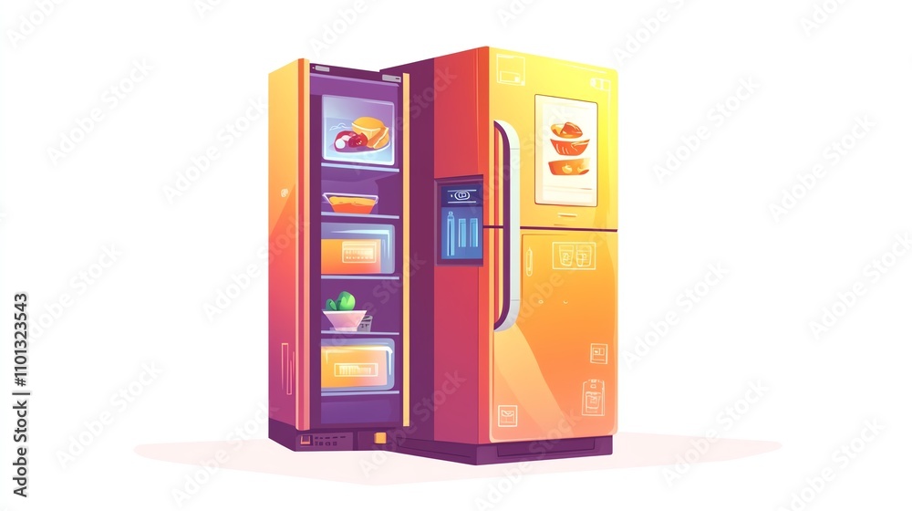 a 2D cartoon illustration of a smart fridge displaying recipe ...