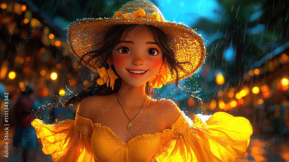 Rain-Kissed Smile: A digital illustration of a young woman with rosy ...