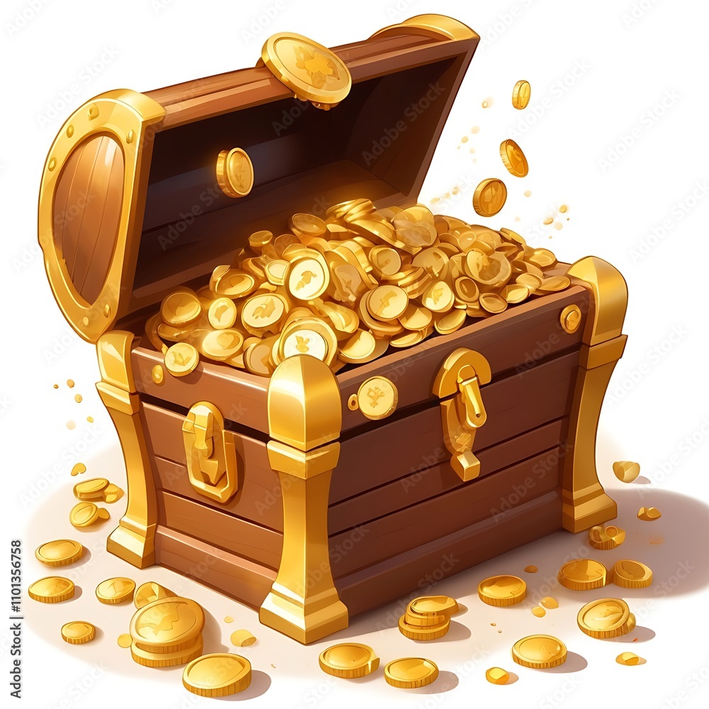 Cartoon treasure chest with gold coins spilling out on a white ...