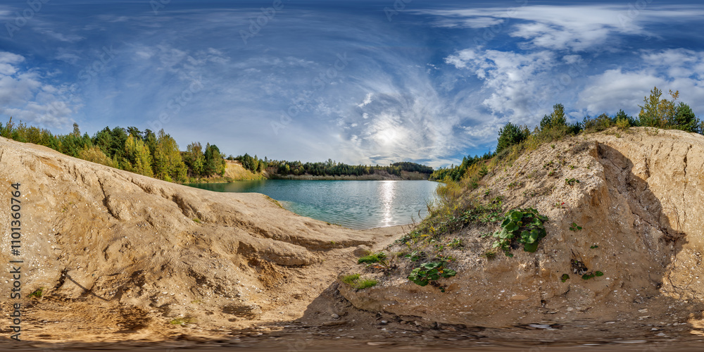 360 hdri panorama in ravine limestone coast of huge green lake for sand ...
