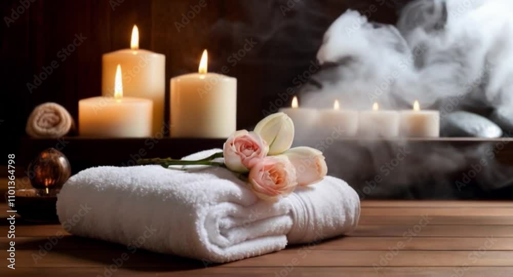 luxurious spa background with candles, rolled towels and flowers ...