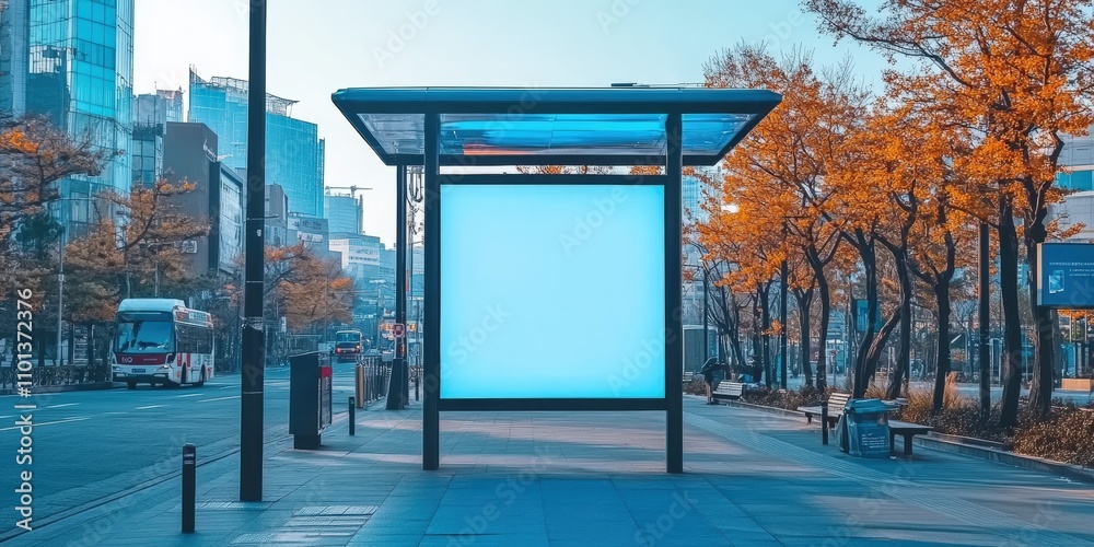 A blank white billboard at bus stop on street, for advertising mockups ...