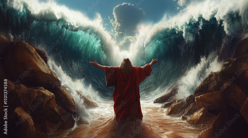 Moses miraculously divides the red sea, leading the israelites to ...