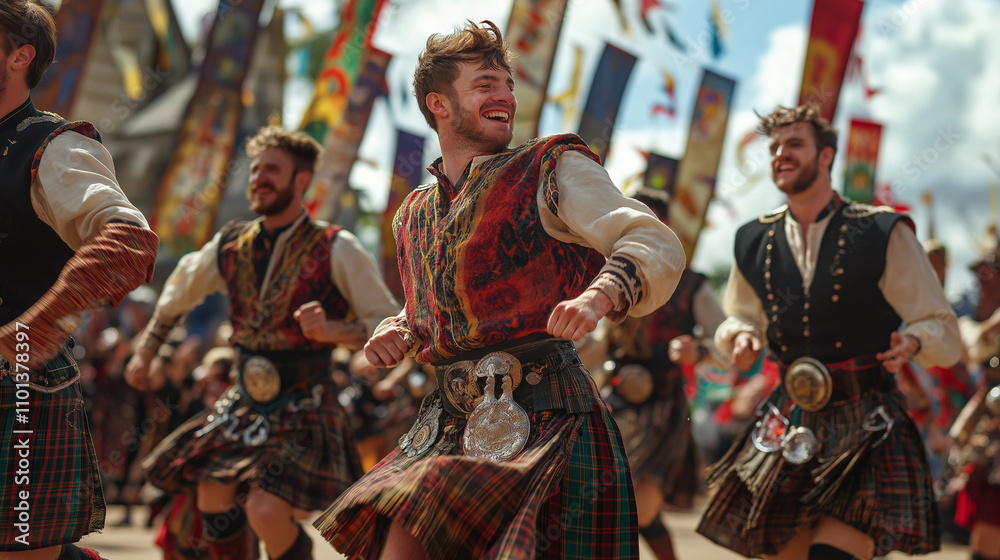 Group of men dancing in traditional Scottish kilts during Hogmanay ...