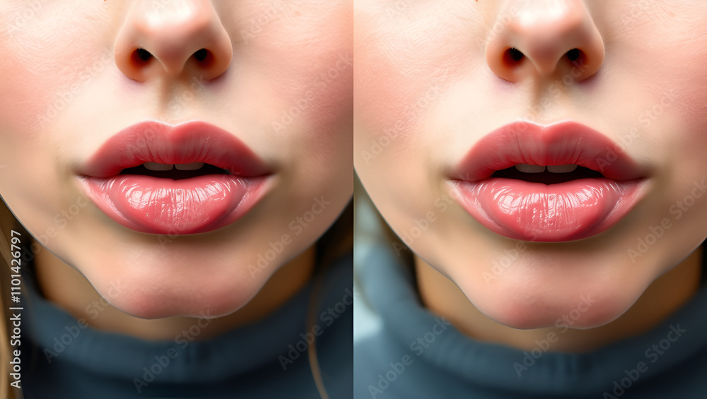 A young woman's lips before and after augmentation, front view ...