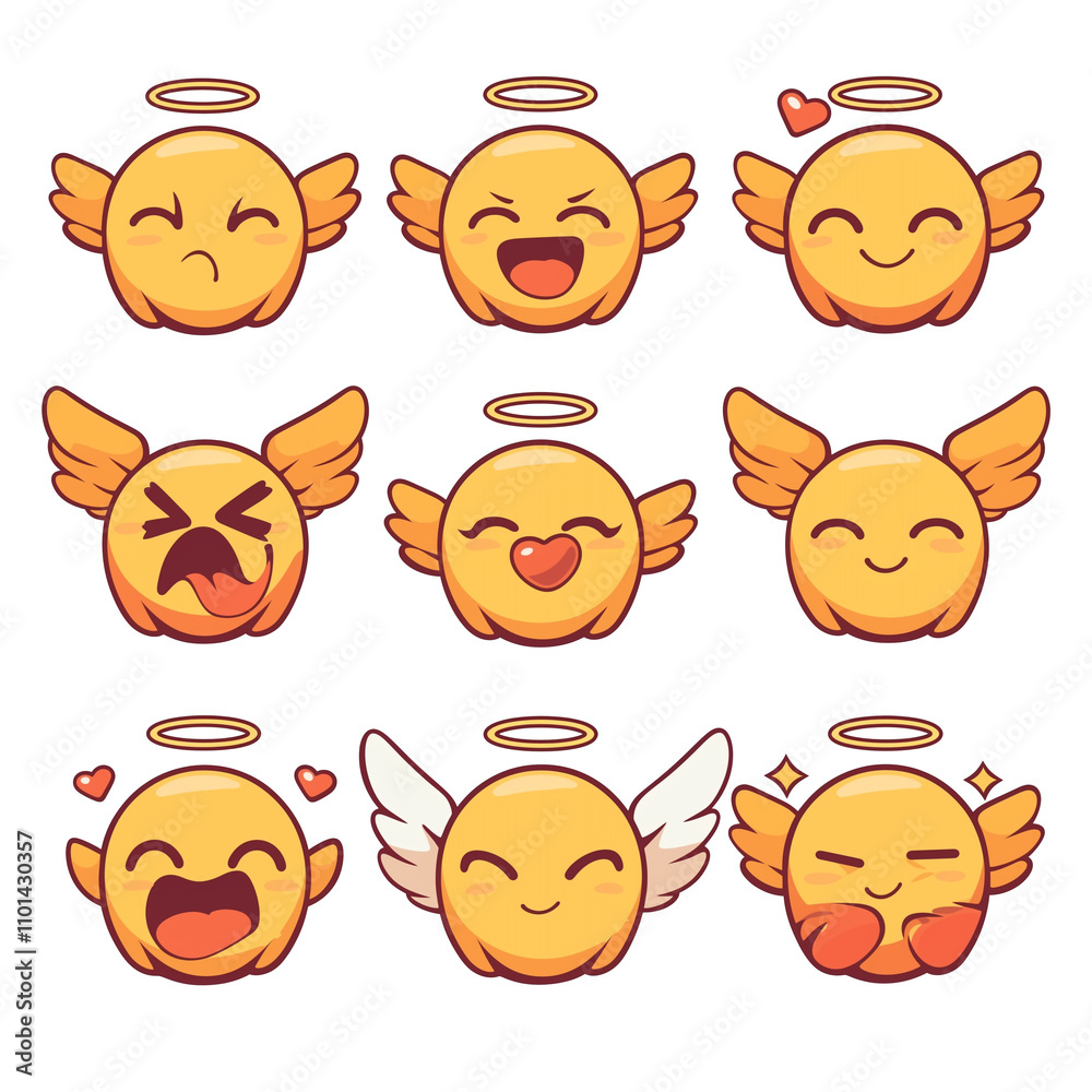 Various angelic face emojis with halos and wings expressing joy, love ...