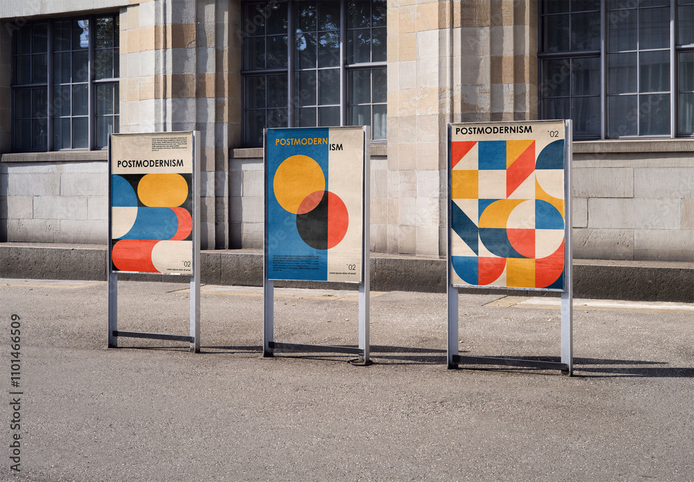 Mockup Of Three Vertical Customizable Freestanding Posters Stock ...