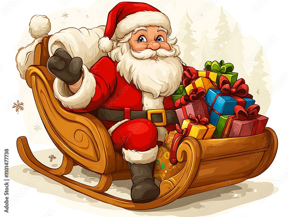 Cartoon Santa Claus standing beside his sleigh filled with gifts on a ...
