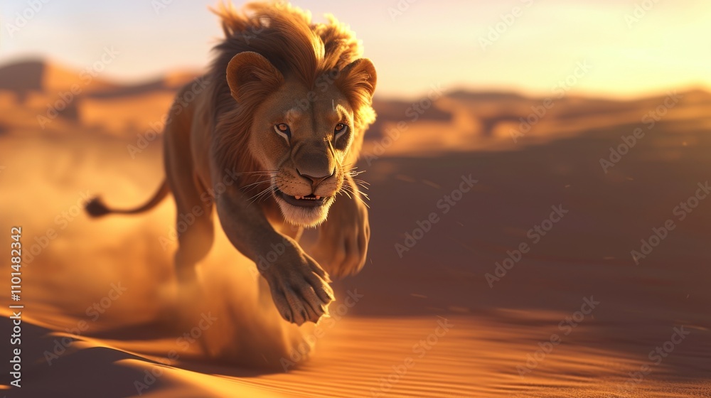 A lion sprints through the desert at full speed, its gaze fixed ahead ...