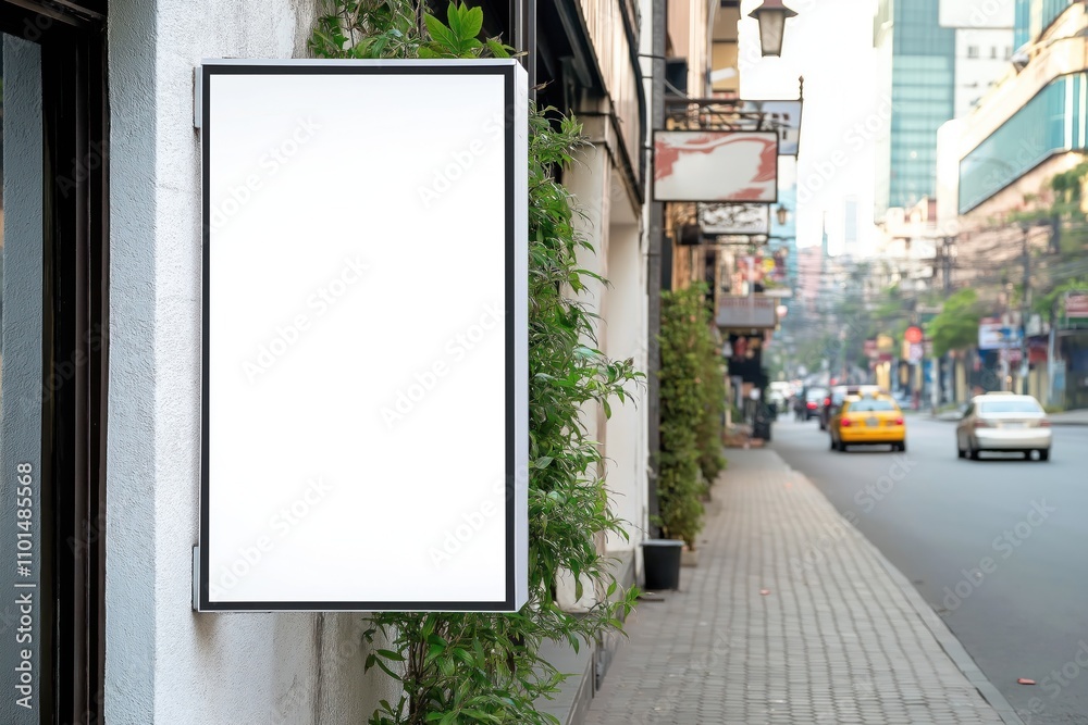 Blank white signage mockup. Empty shop signboard on street wall. City ...