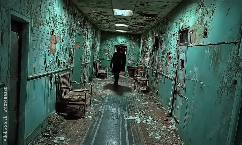 Abandoned creepy hallway horror, peeling paint decay 4K, eerie haunted ...