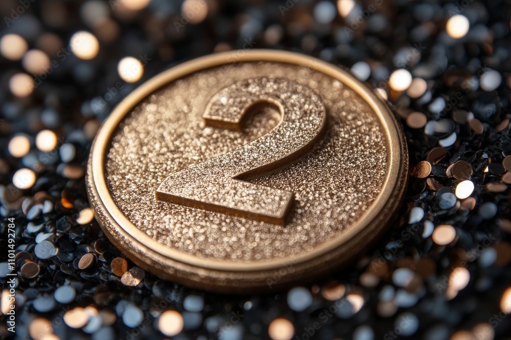 Medal on a ribbon for second place on a black background with confetti ...