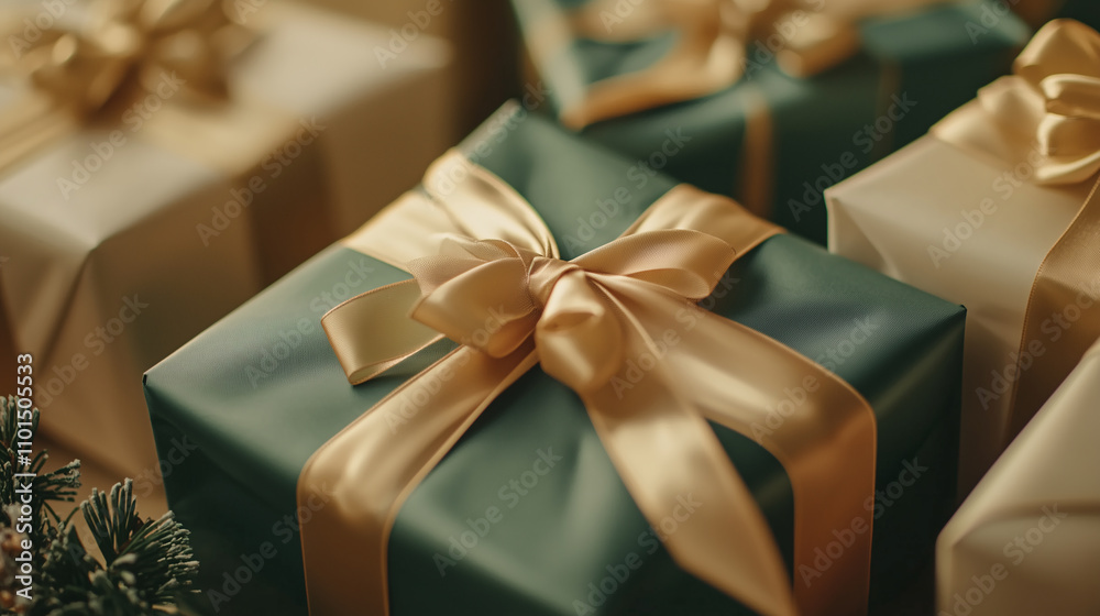 Elegant Christmas Gift Boxes Wrapped in Green and Gold Ribbons for ...
