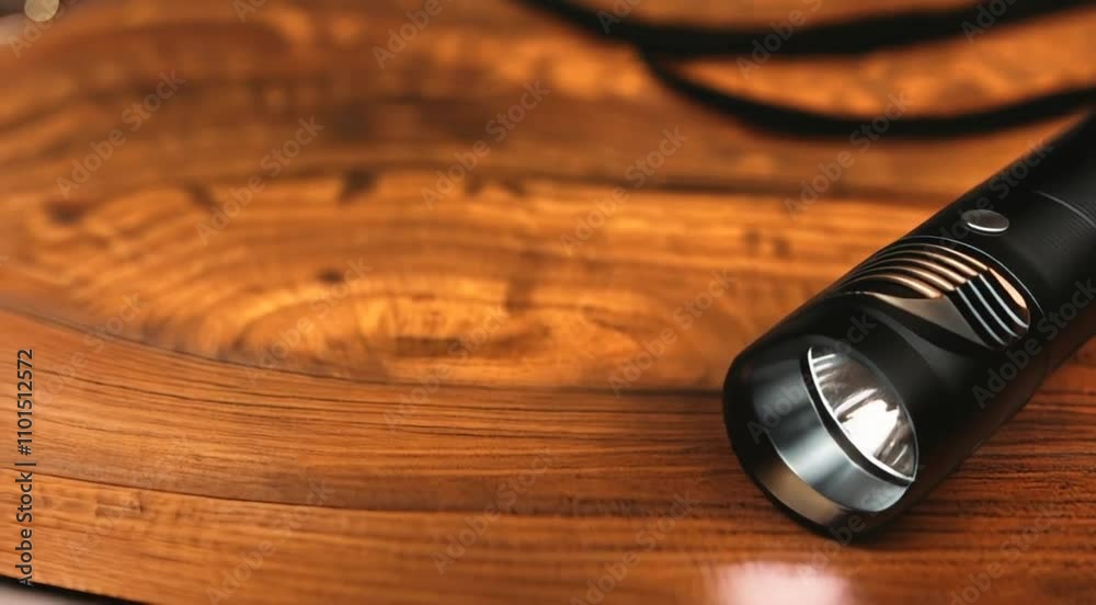 A close-up shot of the black rechargeable torch light on a wooden table ...
