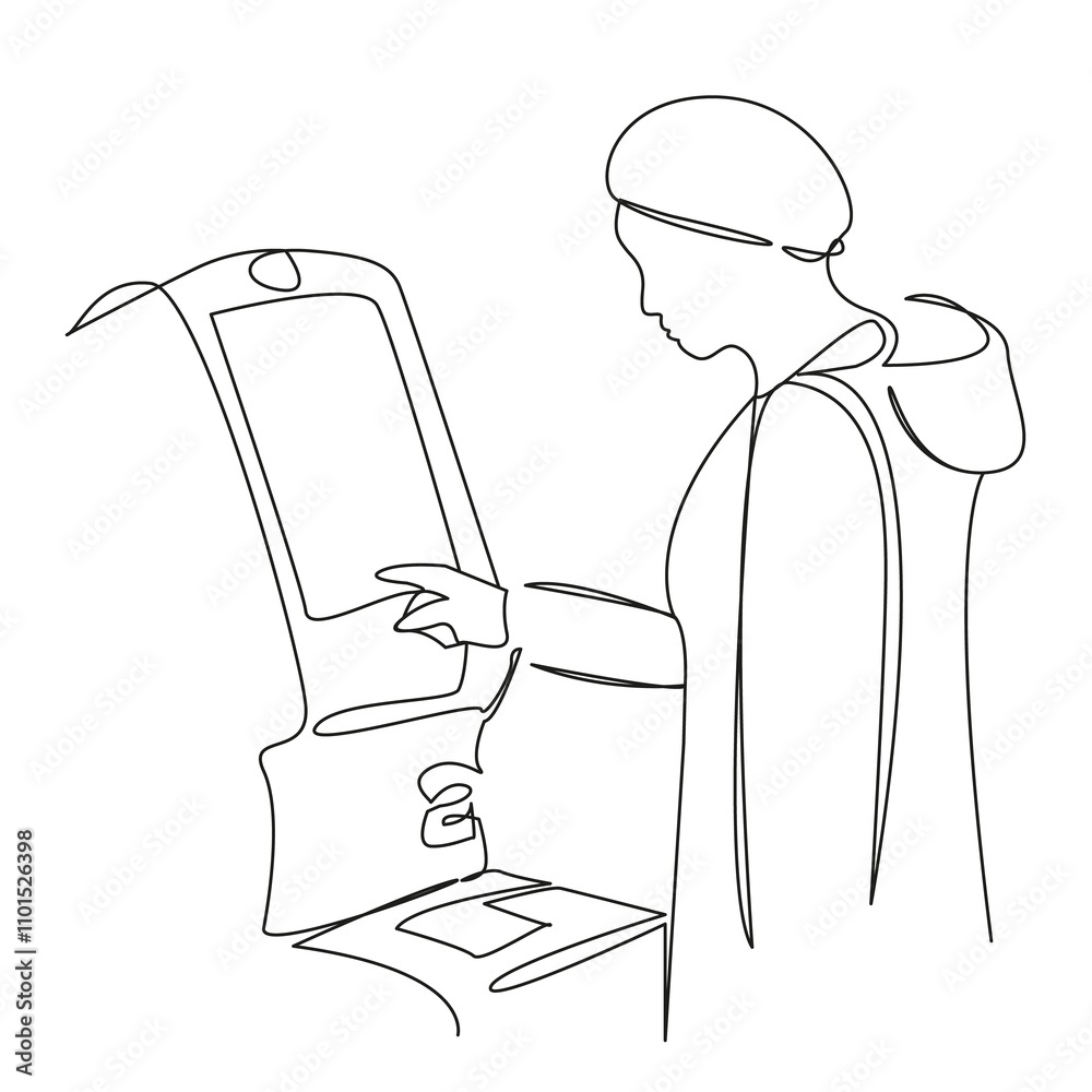 One continuous single drawing line art flat doodle woman, bank, atm ...