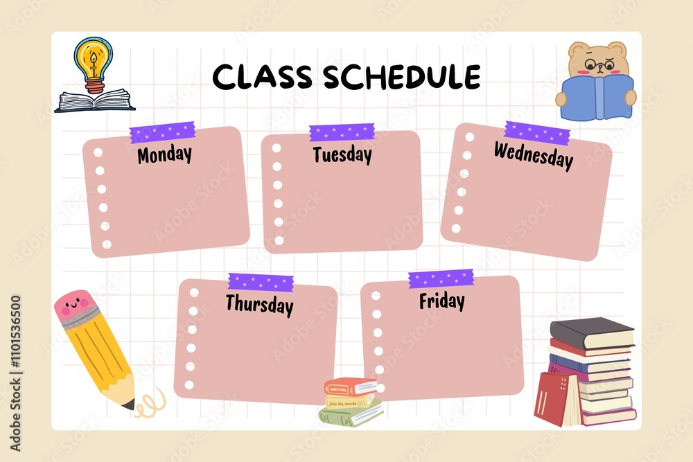 colorful, whimsical illustration of a class schedule board. The design ...