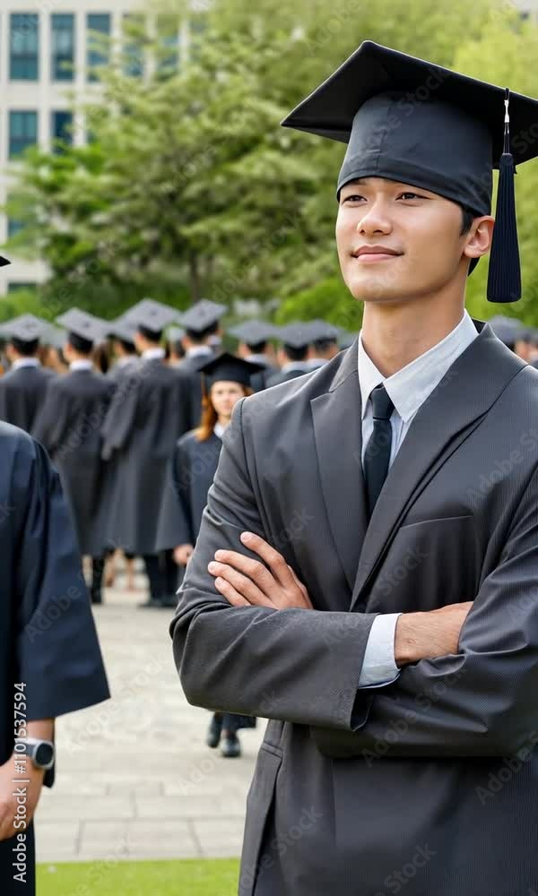 A graduate dressed in formal attire poses proudly with arms crossed ...
