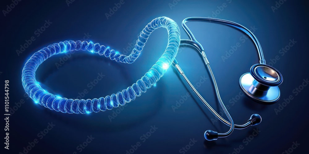 Transparent medical symbols (stethoscope, heart rate, DNA helix) on a ...