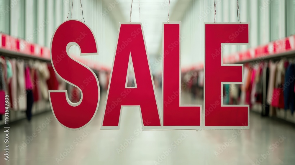 Bright Red Sale Sign in Retail Store with Clothing Racks and ...