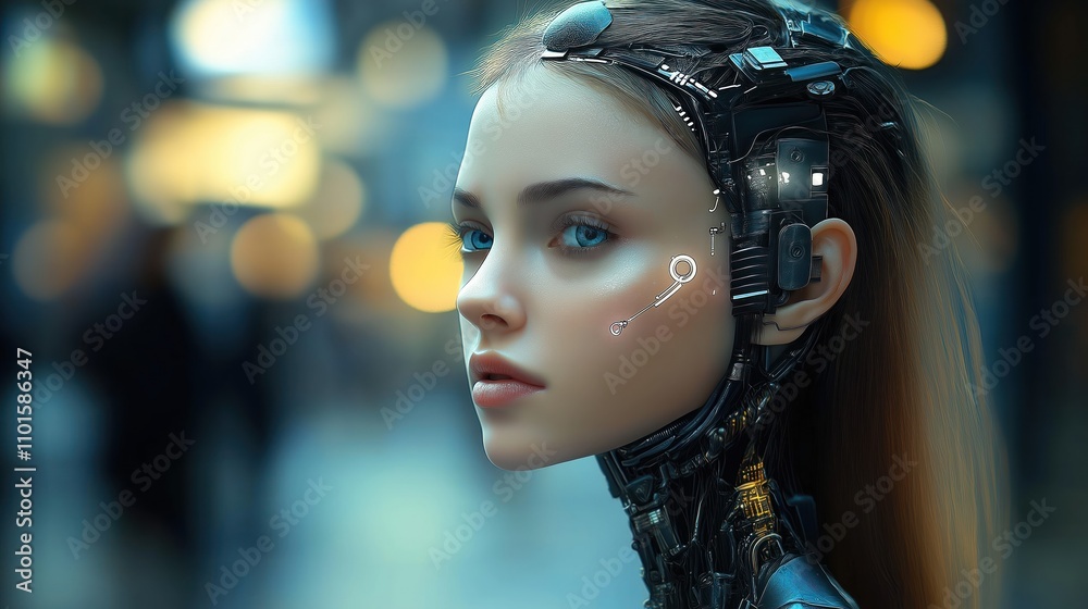 Young cyborg woman with blue eyes, long brown hair. Futuristic tech ...